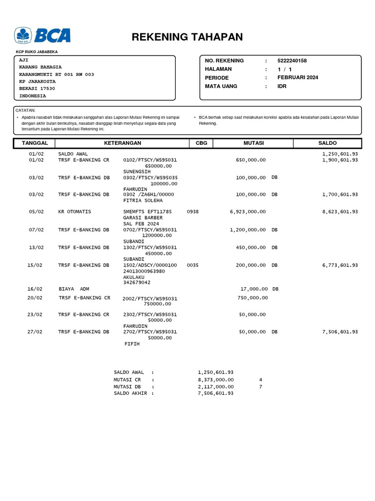 Laporan Mutasi Rekening BCA Februari 2024 | PDF
