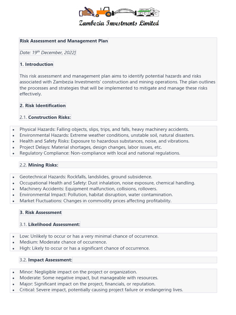 Zambezia Investments Risk Management Plan | PDF | Risk | Occupational ...