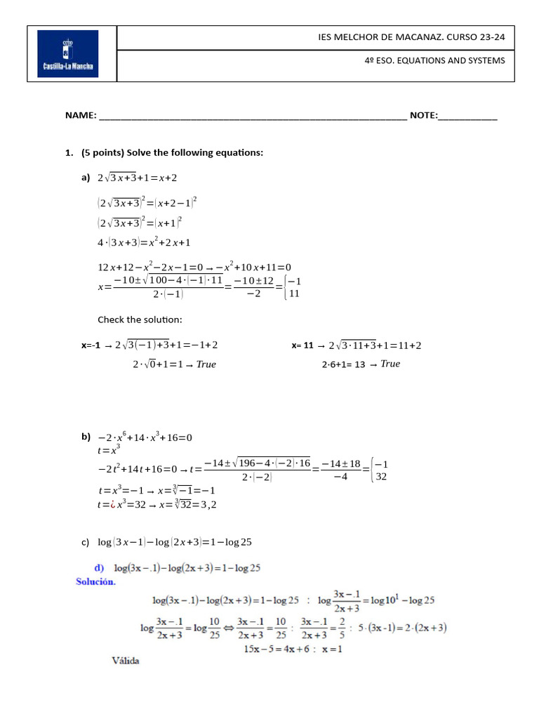 Exam Equations - Solution. 4ºeso | PDF | Mathematical Concepts ...