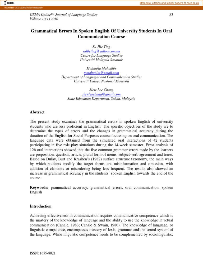 The Common Occurrence of Grammatical Errors Among English Students | PDF | English Language | Verb