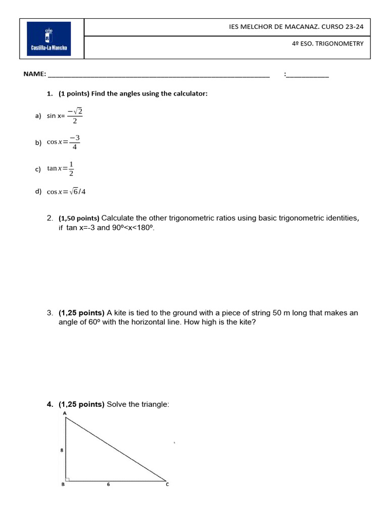 Exam Trigonometry. 4º Eso | PDF
