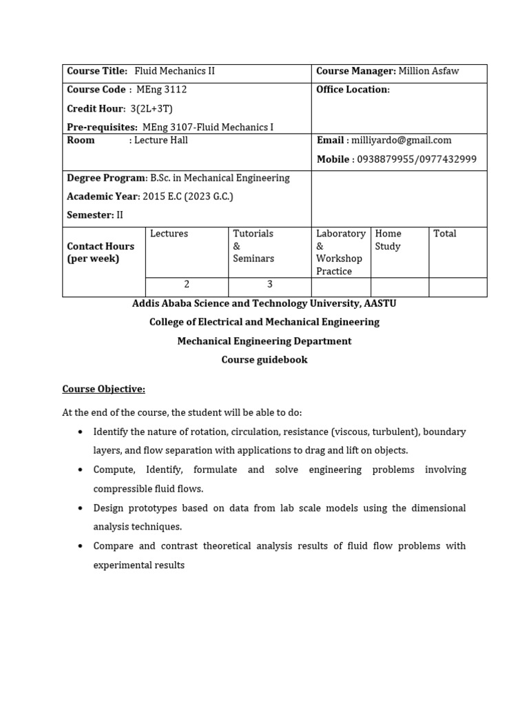 Fluid Mechanics II-course Guide Book - 2023 - ASTU | PDF | Fluid Dynamics | Mechanics