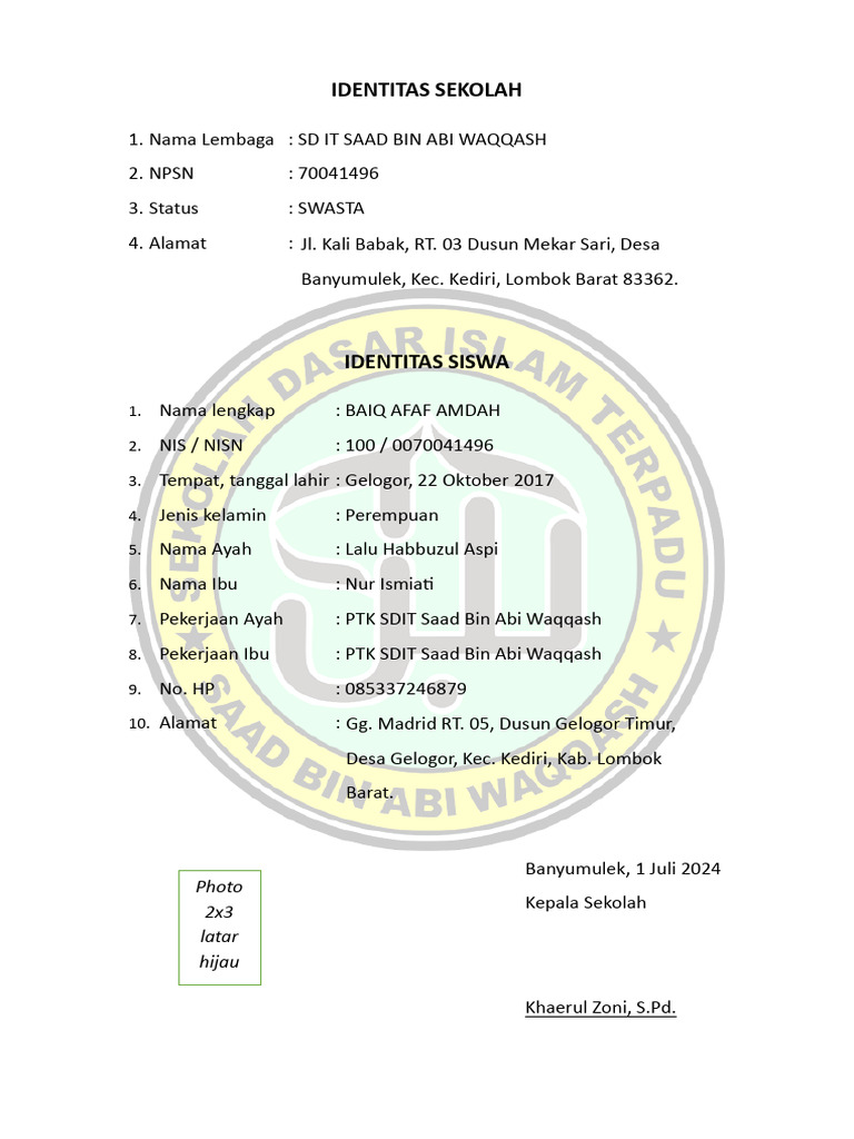 Identitas Siswa Pada Rapor | PDF