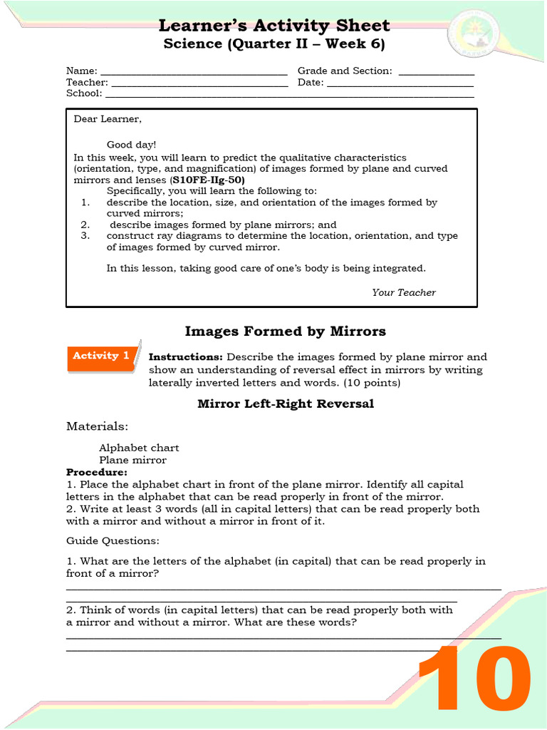 Reviewer for the Types of Mirrors and Lenses and their properties | PDF ...