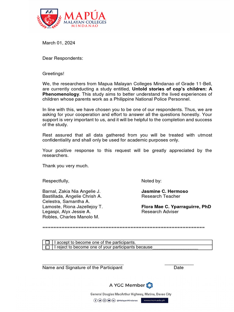 RESEARCH PARTICIPANTS Informed Consent Assent Letters | PDF