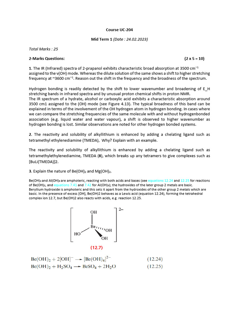 Mid Term 1 Question Paper With Answer | PDF | Hydroxide | Infrared Spectroscopy