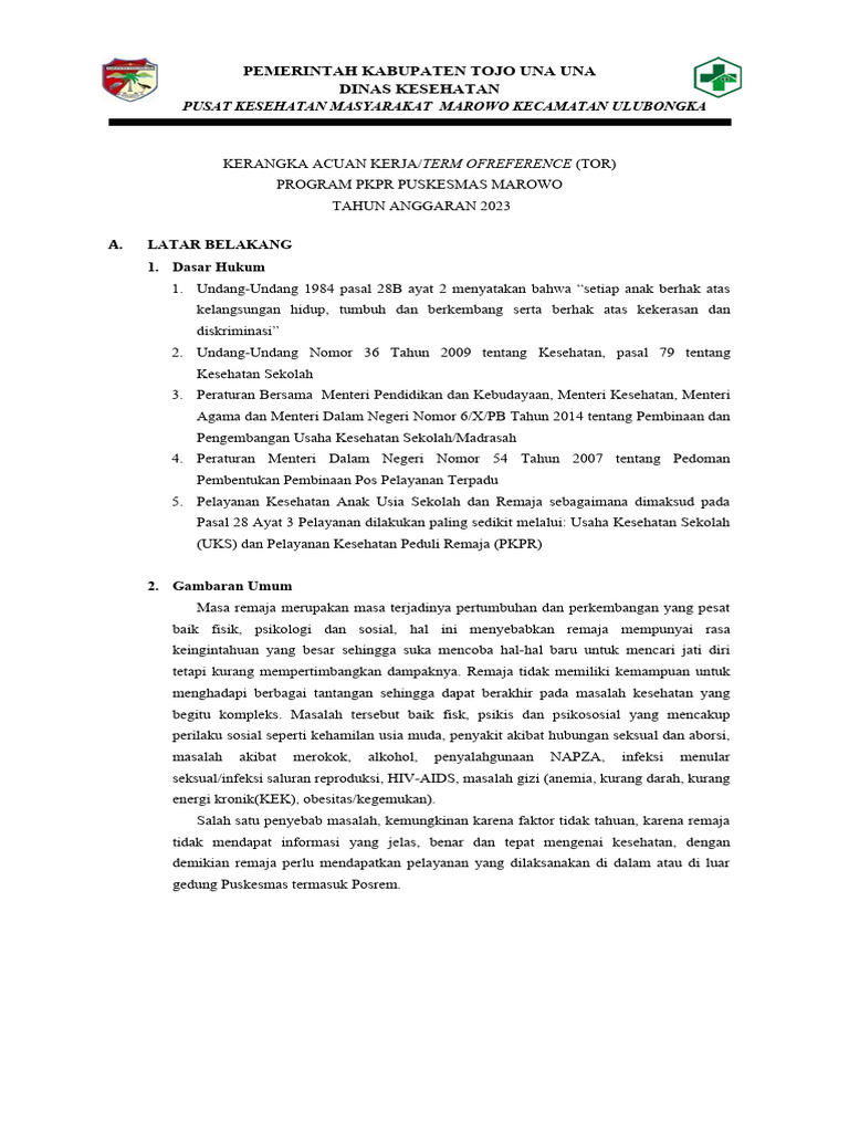 TOR Program PKPR Puskesmas Marowo 2023 | PDF | Pengembangan Diri