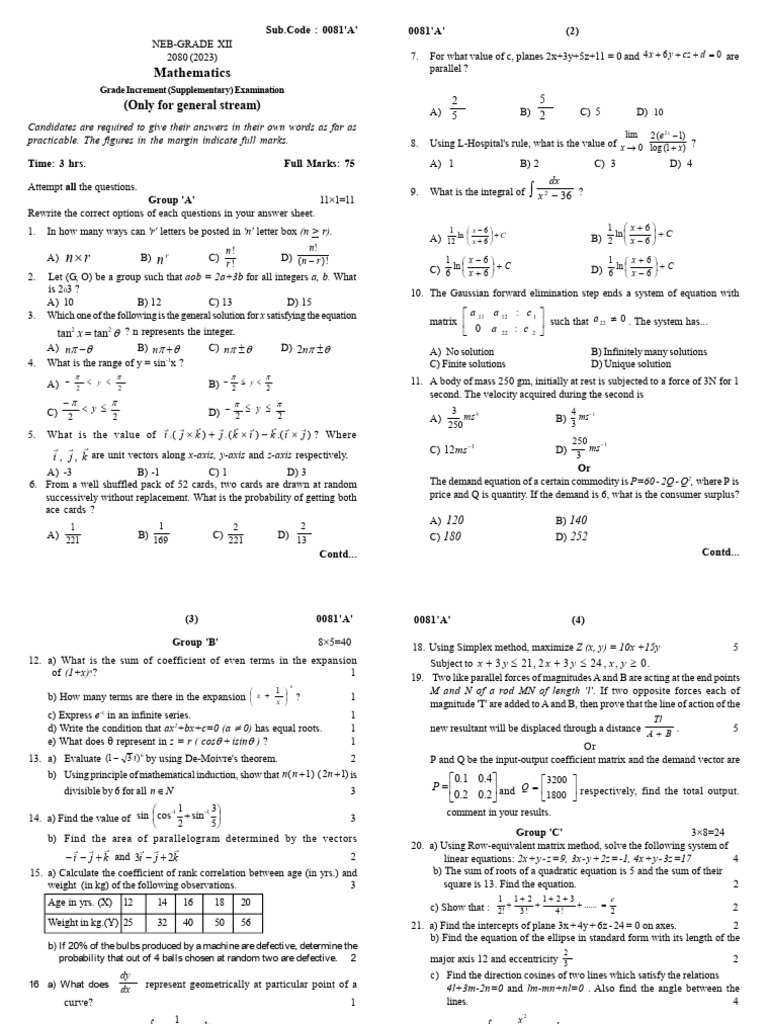 0081 Maths Set A | PDF | Equations | Matrix (Mathematics)