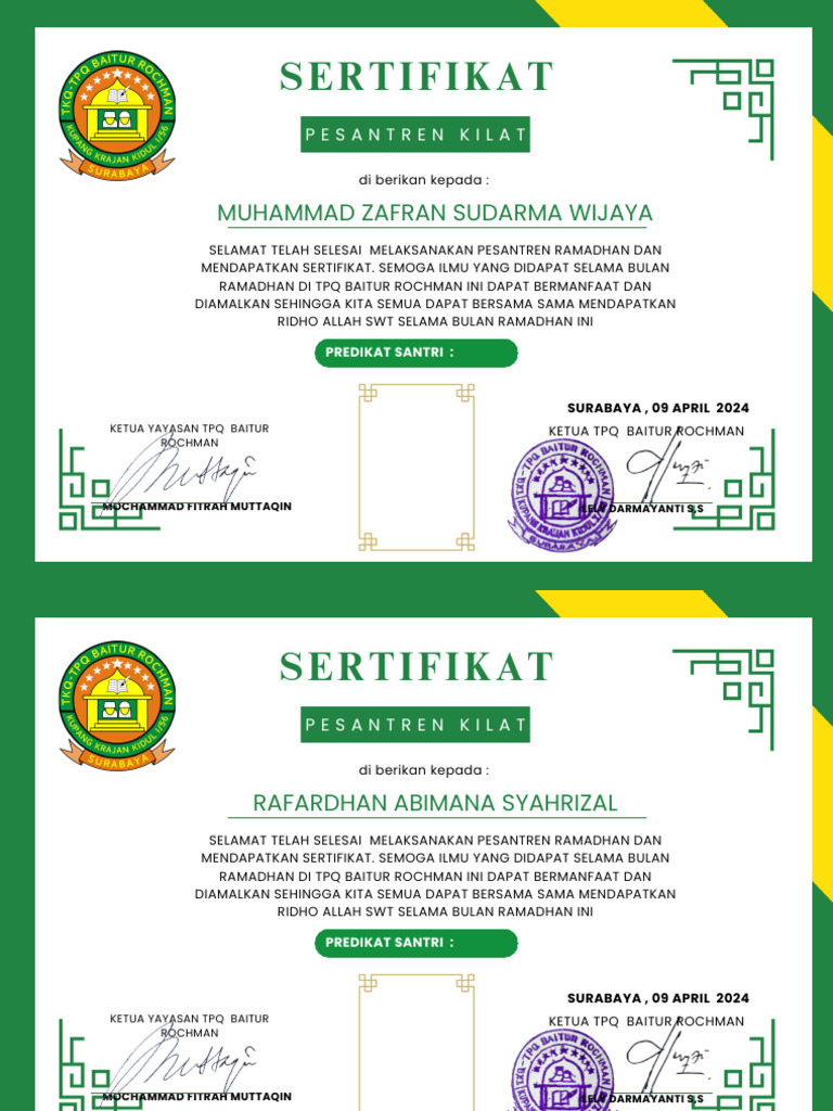 Sertifikat Penghargaan Modern Putih Hijau Kuning | PDF