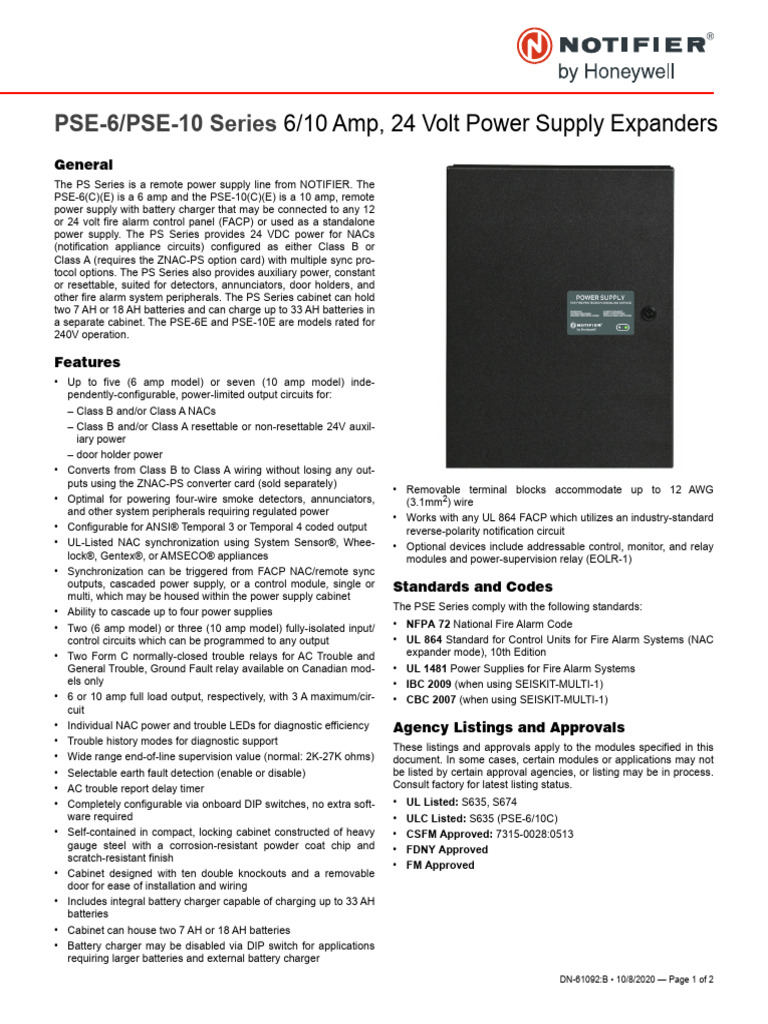 Notifier PSE 6 PSE 10 Power Supply Expander | PDF | Battery Charger ...