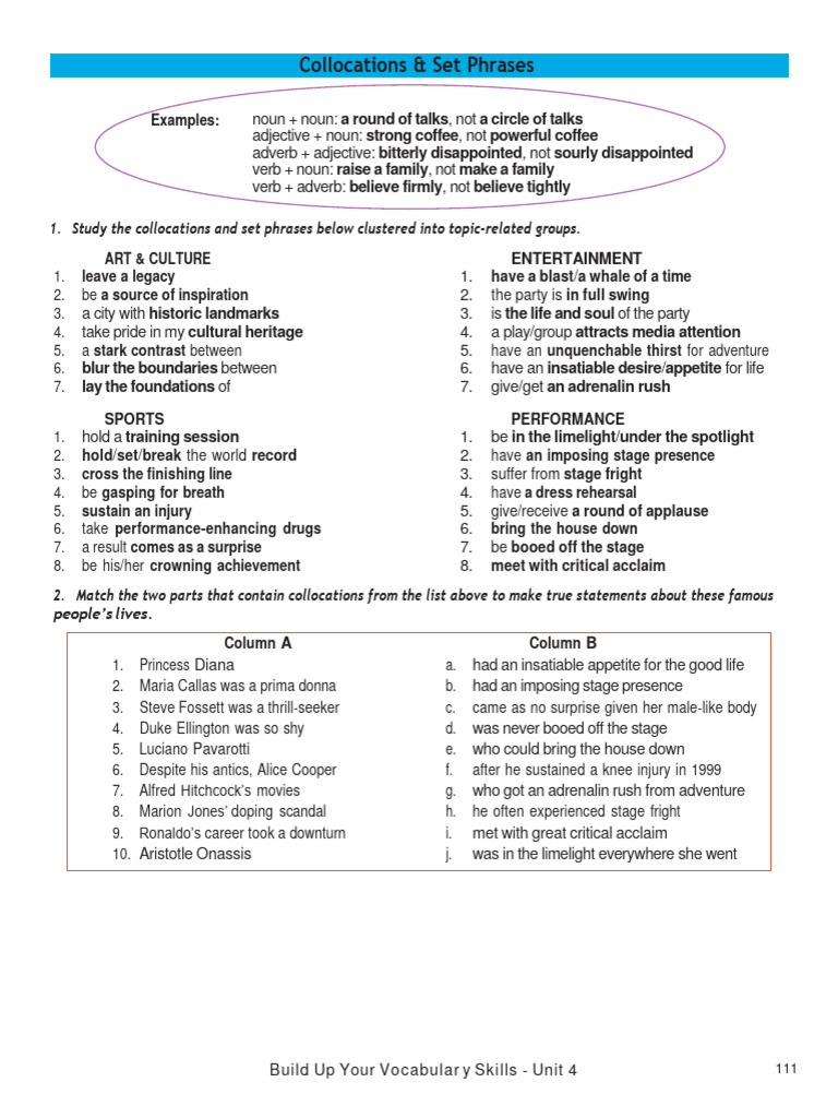Collocations and Set Phrases Practice 1 | PDF