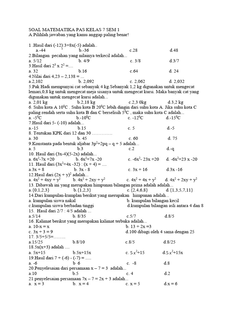 SOAL PAS MATEMATIKA KELAS 7 Sem 1 Tahun 2023-2024 | PDF