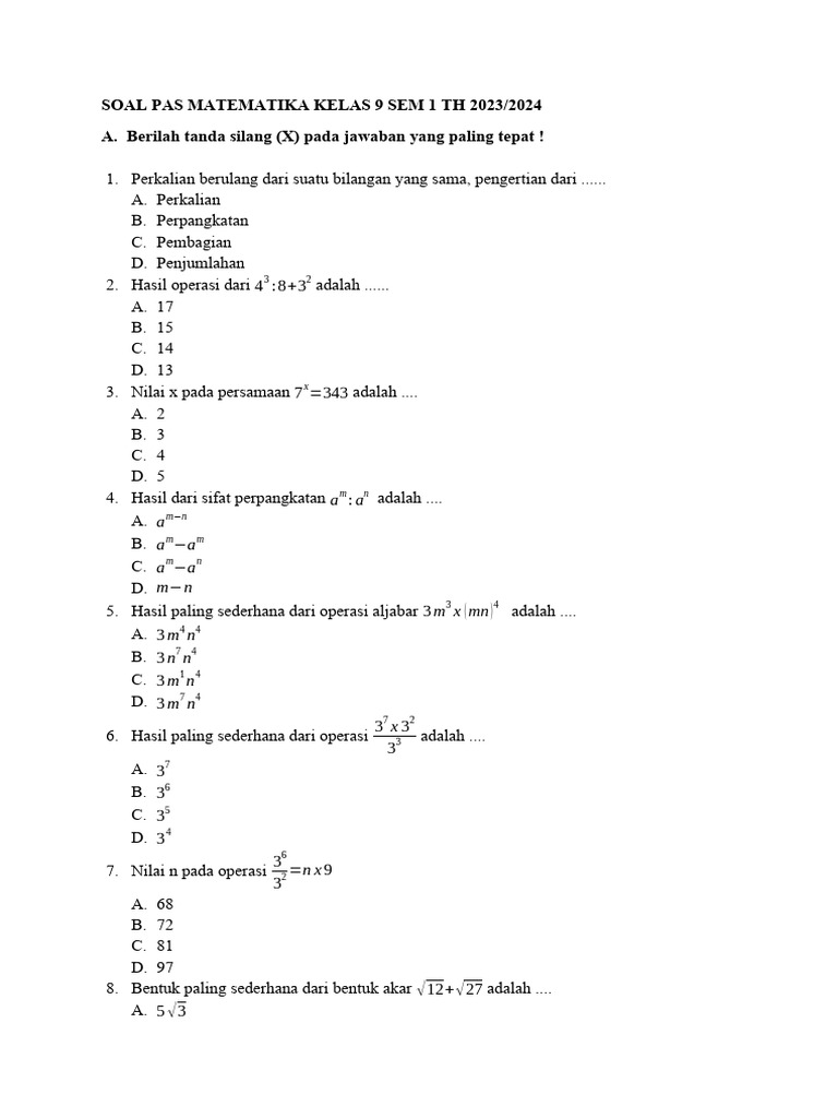 Soal Pas Matematika Kelas 9 Sem 1 Tahun 2023-2024 | PDF | Metode & Bahan Ajar
