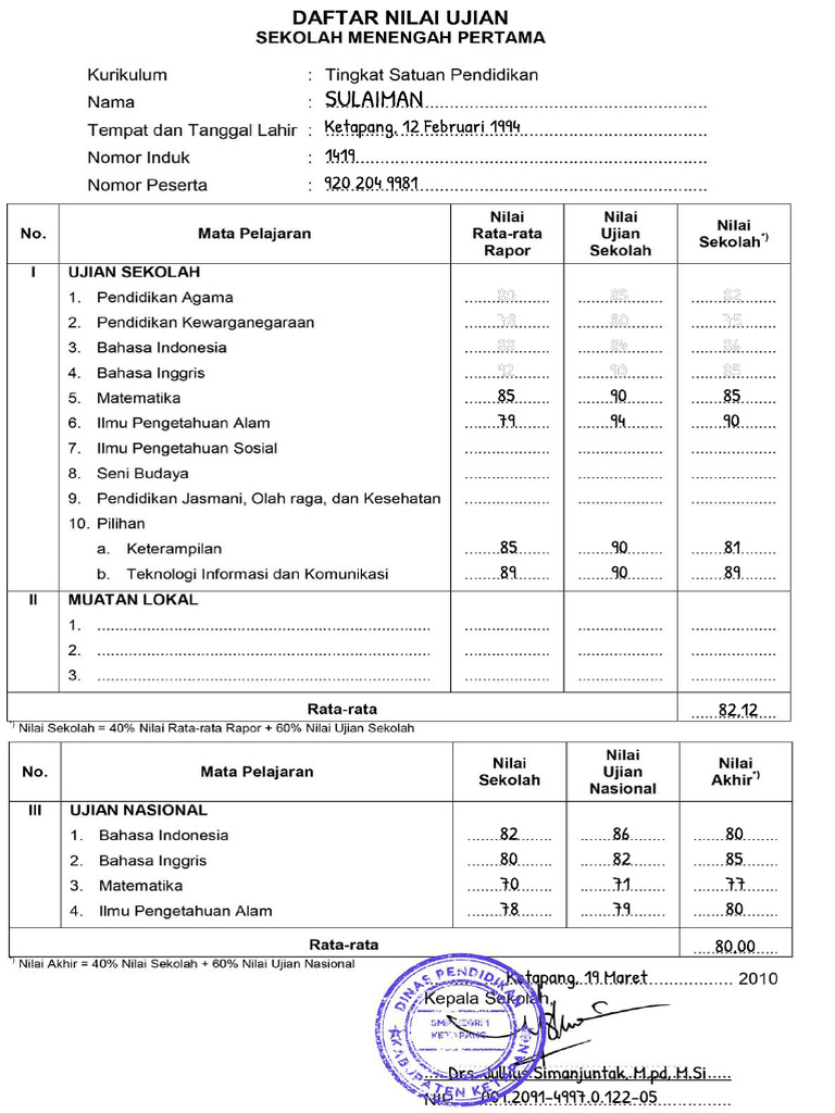 Transkrip Nilai SMP 2010 | PDF