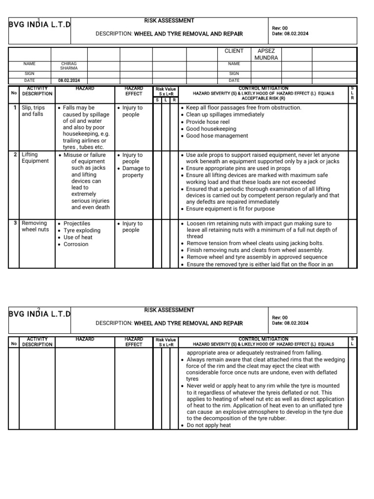 TYRE RISK ASSESMENT BVG | PDF | Tire | Risk Assessment