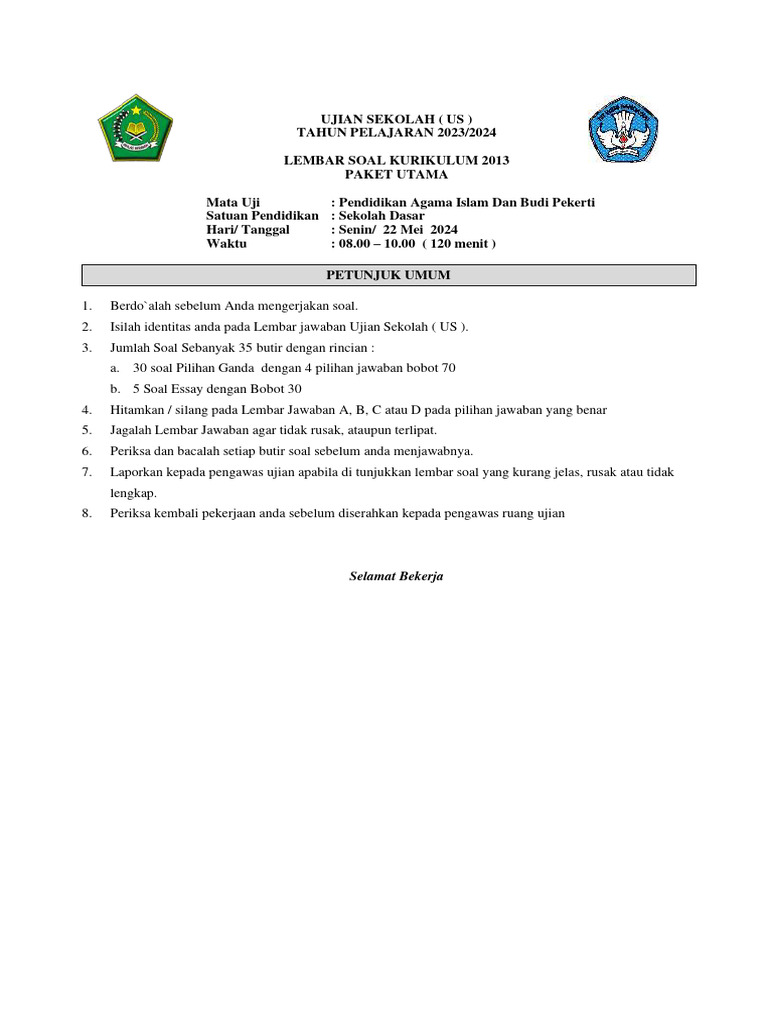 Soal Usbd Pai SD 2024 | PDF | Agama & Spiritualitas