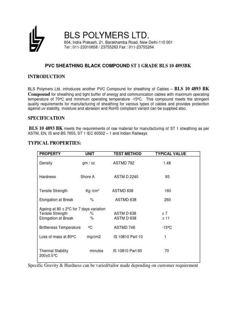 TDS of PVC ST 1 Compound BLS 10 - 4893 BK | PDF | Polyvinyl Chloride | Temperature