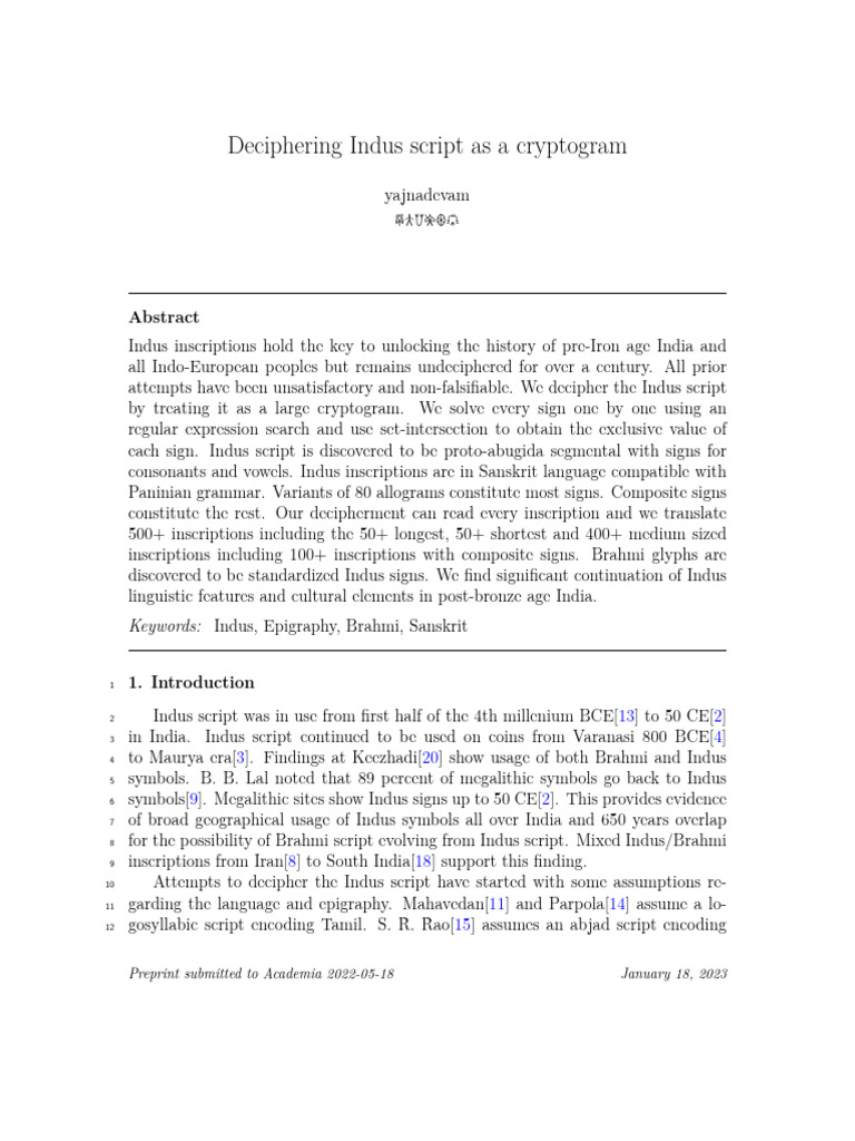 Deciphering Indus Script As A Cryptogram | PDF | Writing | Languages Of Asia