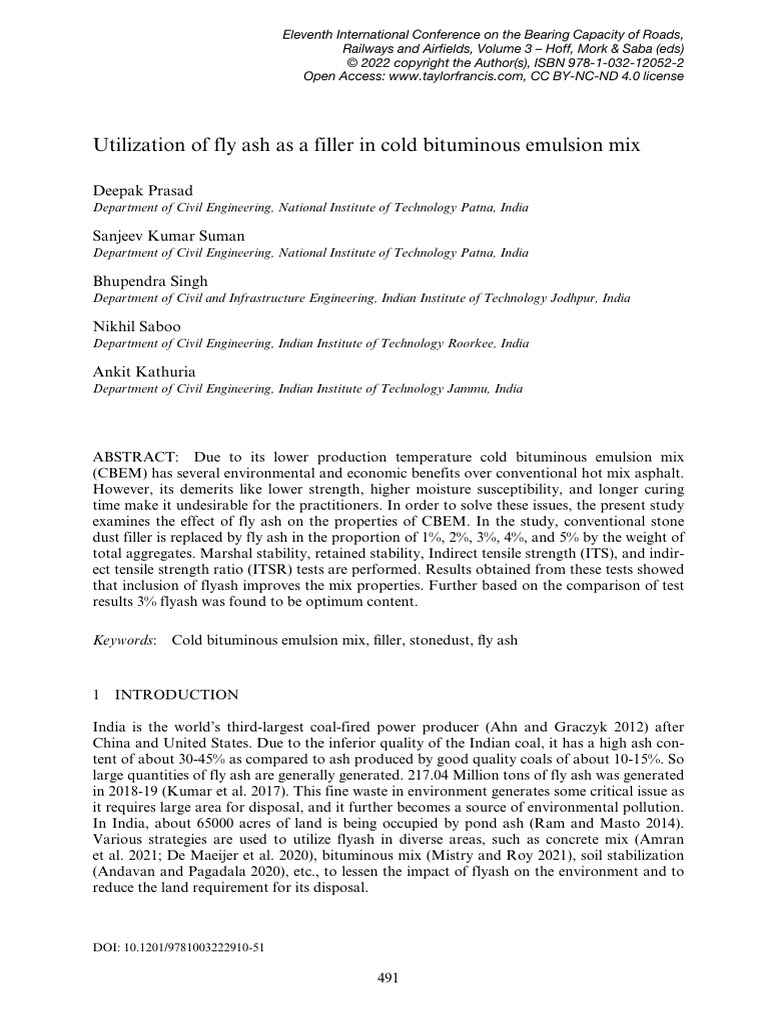 Utilization of Fly Ash As A Filler in Cold Bituminous Emulsion Mix ...