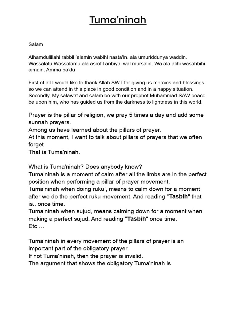 Tuma'ninah - Islamic Speech | PDF | Semitic Words And Phrases | Sharia