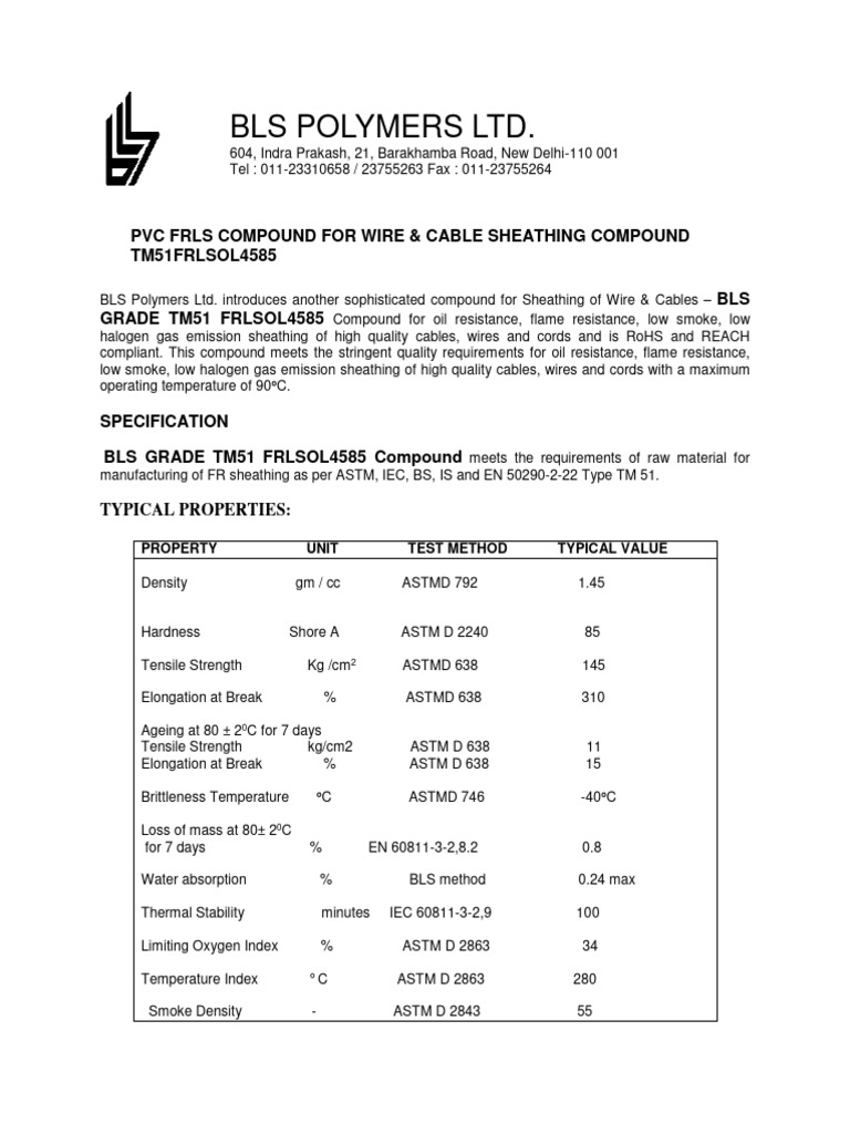 BLS Polymers TDS of PVC TM51FRLS COMPOUND TM 51FRLS OL70-4 - 4585 | PDF | Polyvinyl Chloride | Smoke