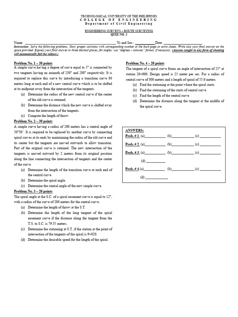 Quiz 2 - Engineering Surveys | PDF | Angle | Tangent