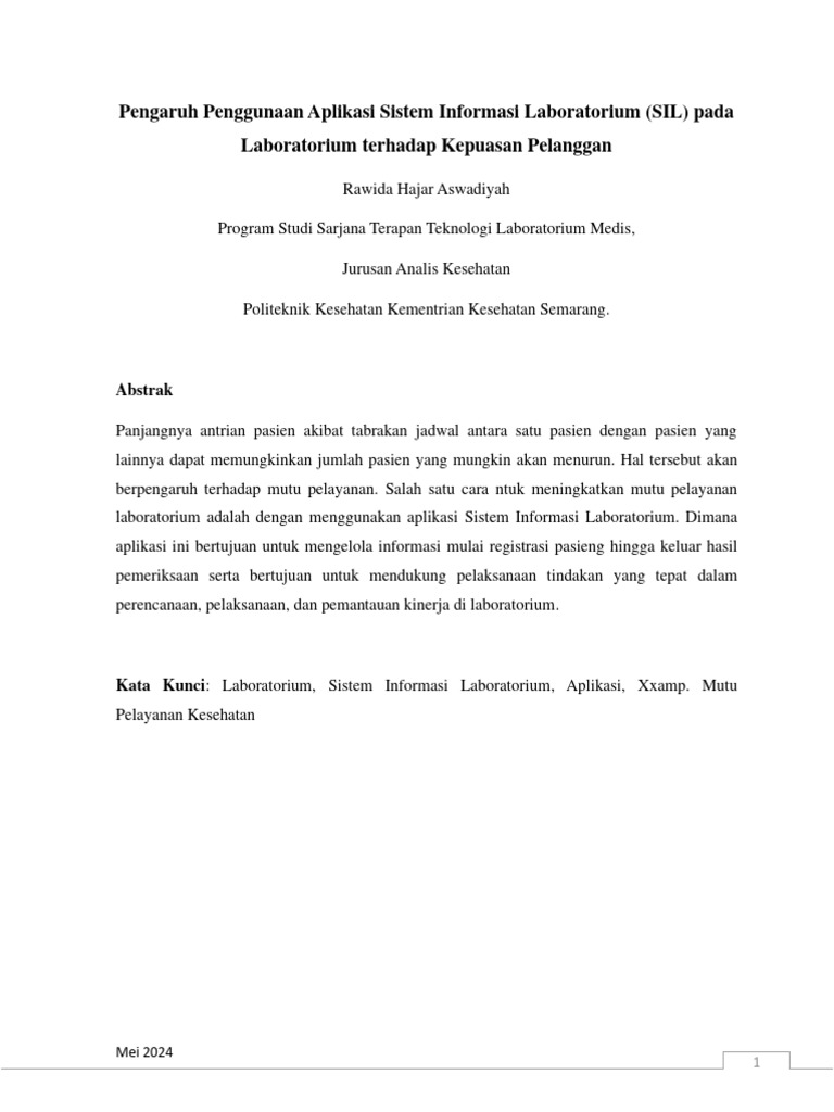 Pengaruh Penggunaan Aplikasi Sistem Informasi Laboratorium (SIL) Pada ...