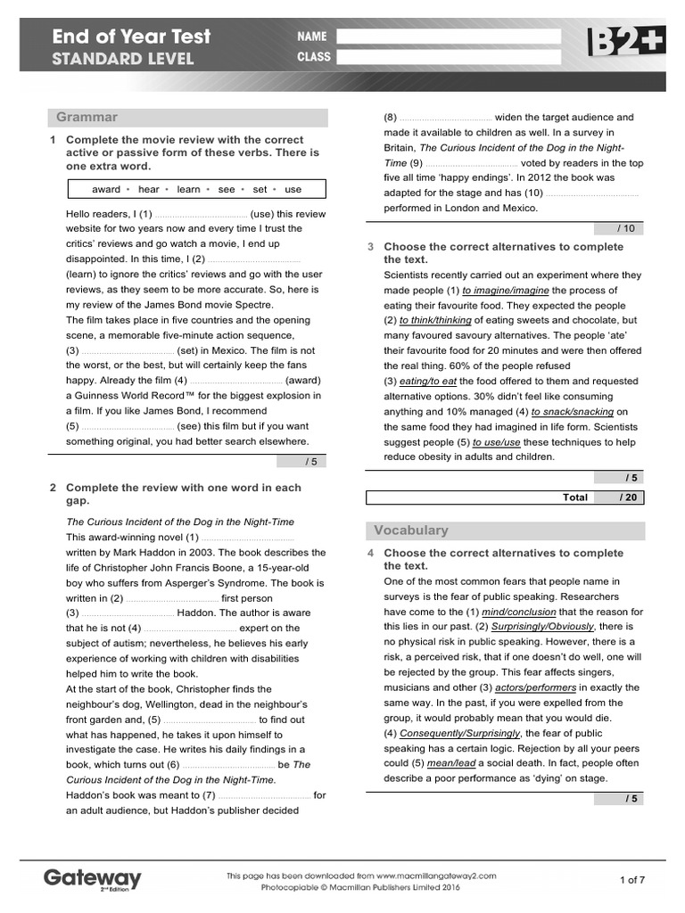 B2PLUS End of Year Test Standard | PDF | Odor | Memory