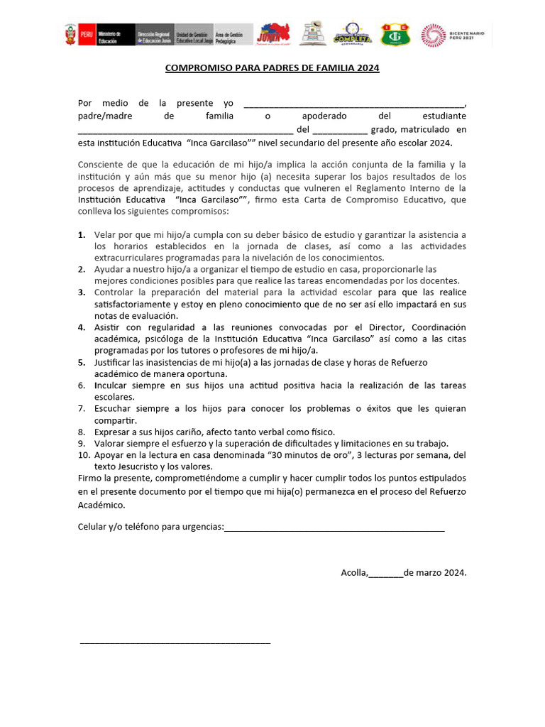 Compromiso para Padres de Familia 2023 | PDF | Escuelas | Evaluación