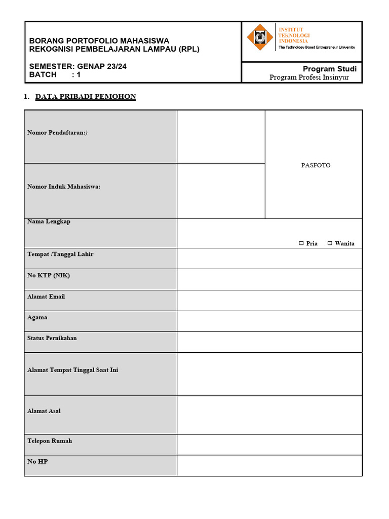Form Portofolio RPL Penyetaran Matkul NONEXC Rev 210324 | PDF
