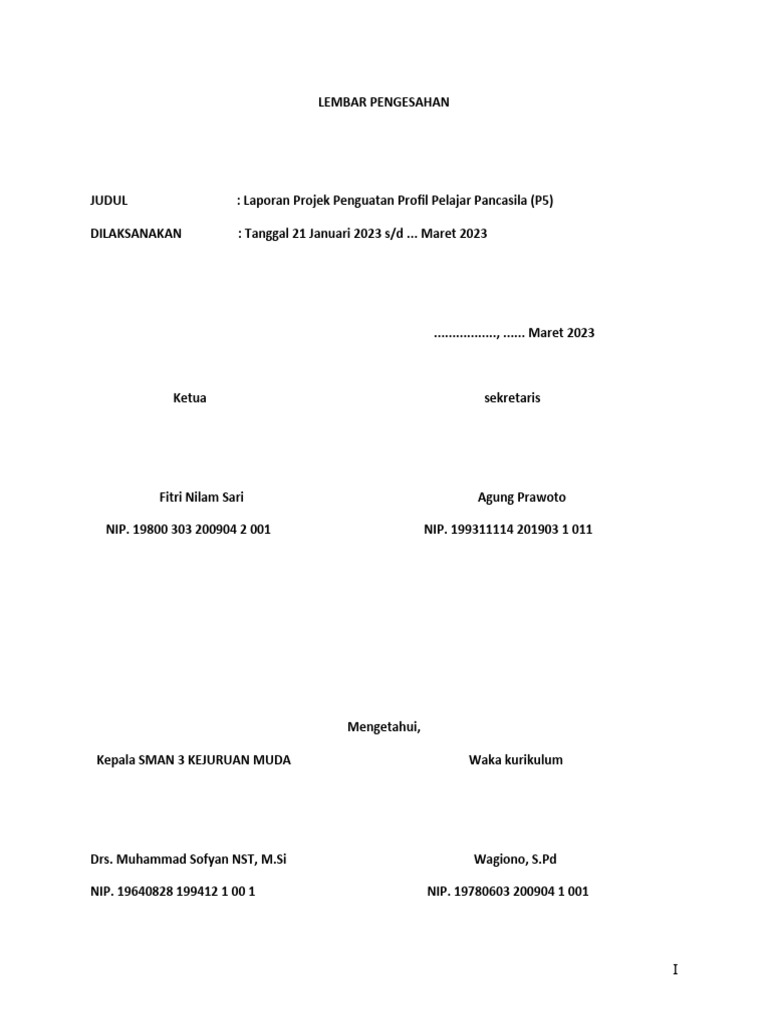 Lembar Pengesahan Laporan P5 | PDF
