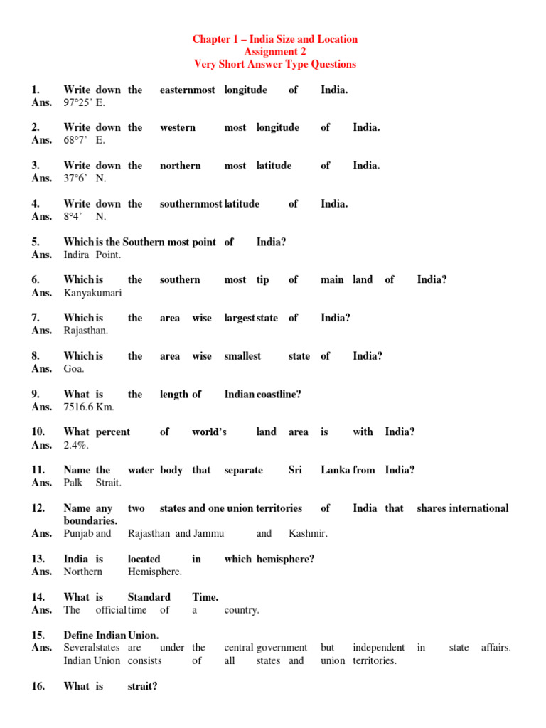 CHAPTER 1 - Assignment 2 (Very Short Answer Type Questions) | PDF