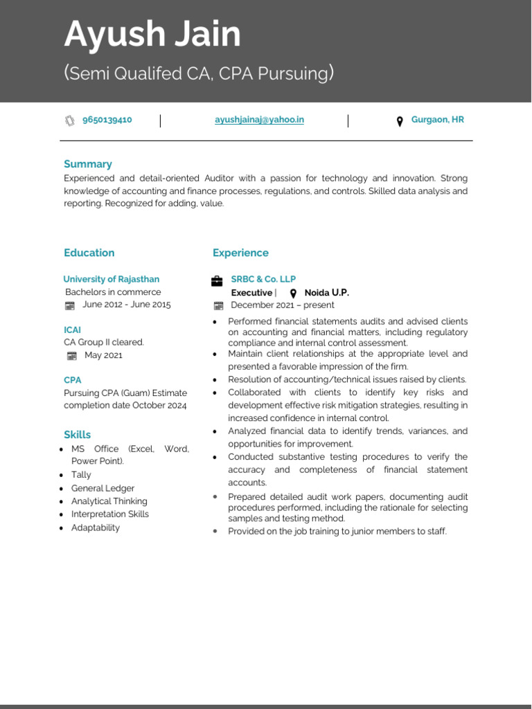 Ayush Jain CV Update | PDF | Audit | Financial Audit