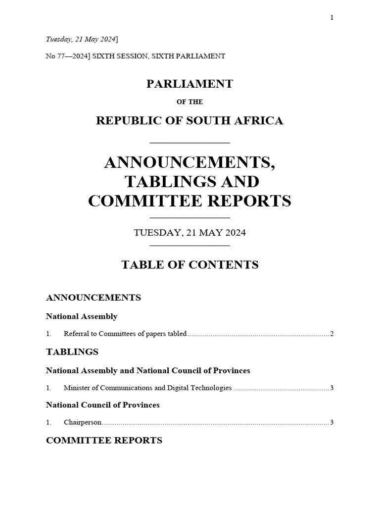 Announcements, Tablings and Committee Reports: Parliament Republic of ...