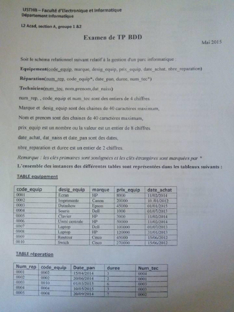 Examen TP Bases de Donnees BDD 2015 Usthbb | PDF