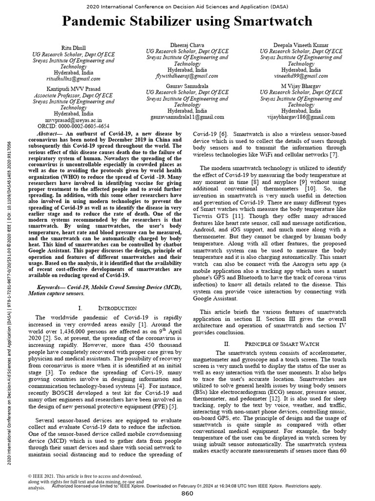 Pandemic Stabilizer Using Smartwatch IEEE | PDF | Smartwatch ...