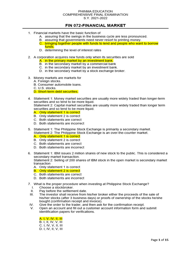 FIN 072 Financial Market Exam Review | PDF | Financial Markets | Yield ...
