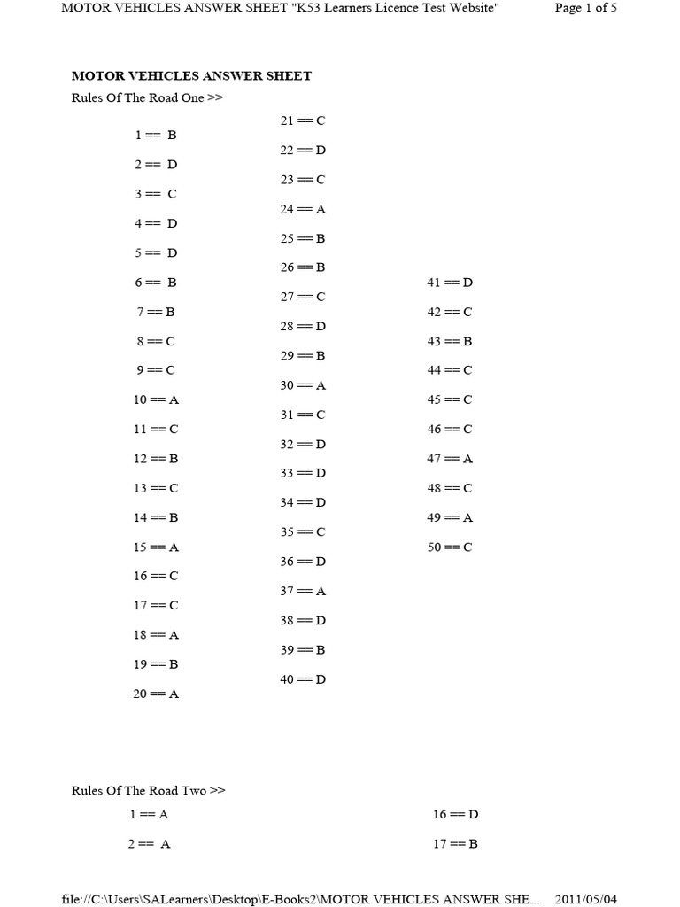 Ans - Motor Vehicles Answer Sheet k53 Learners Licence Test Website ...