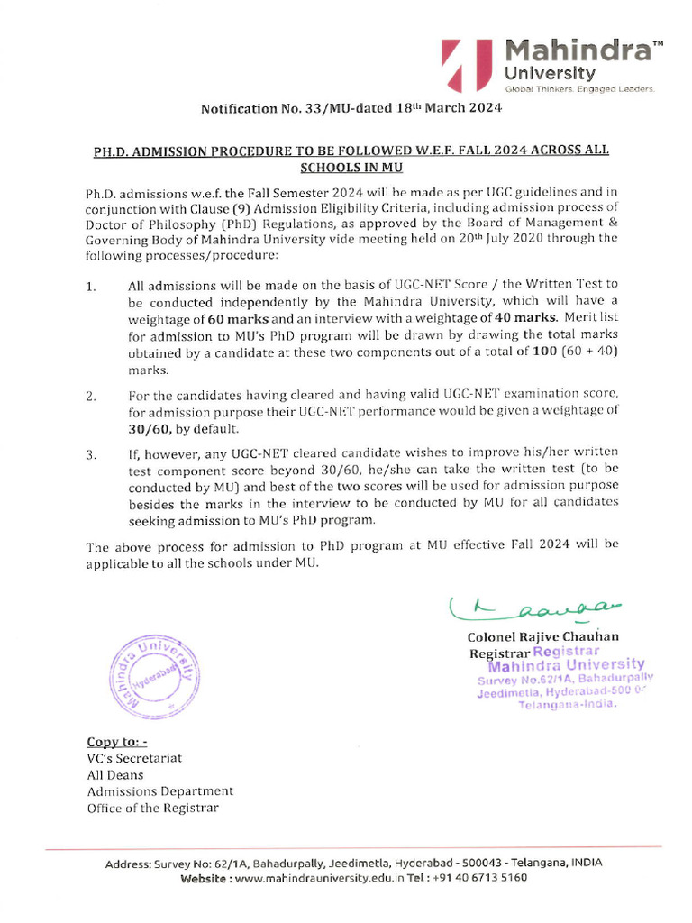 Notification No. 33 Dated 18th March 2024 Ph.D. Admission Procedure To Be Followed W.E.F. Fall ...