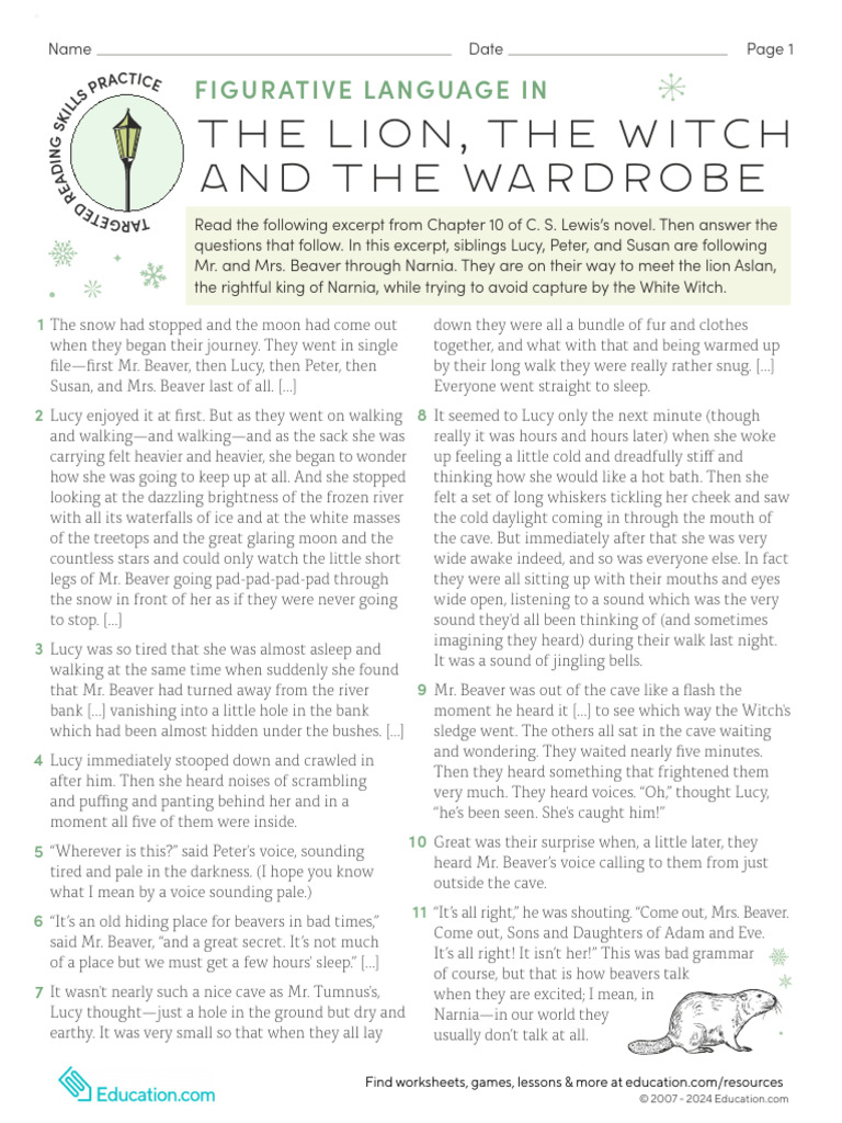 Targeted Reading Skills Practice Figurative Language in The Lion The ...