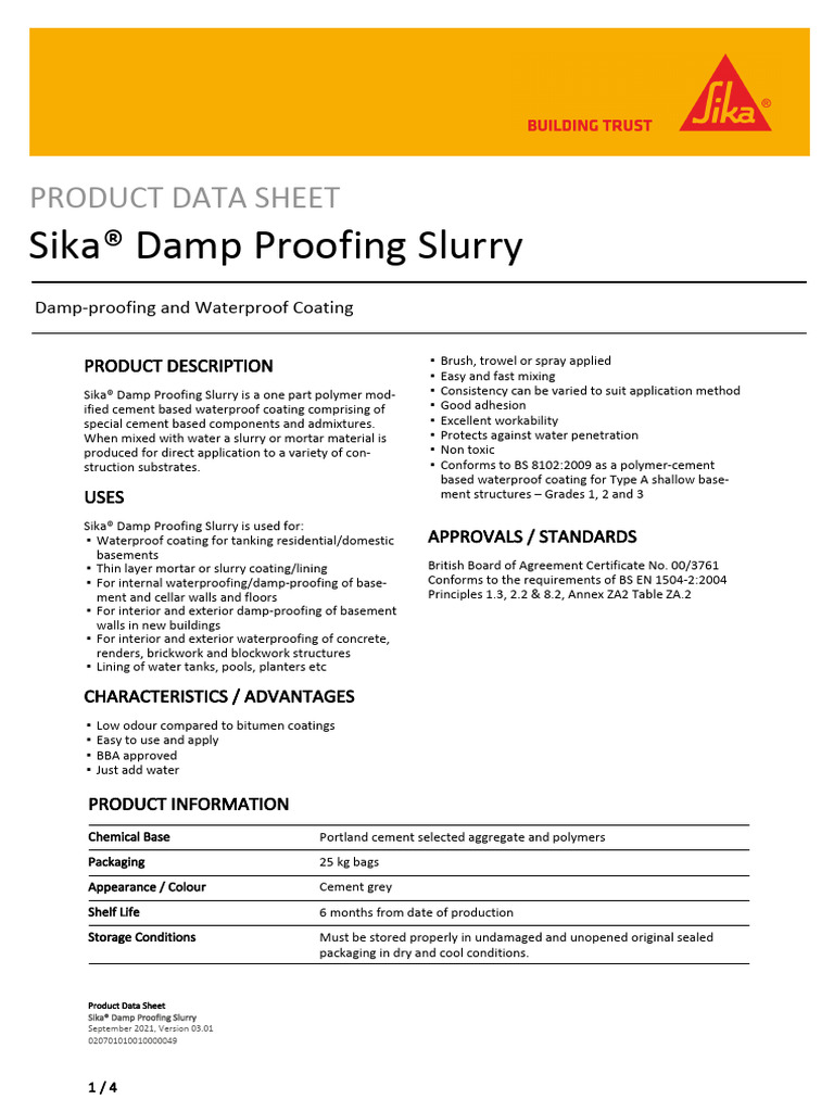 Sika Damp Proofingslurry | PDF | Plaster | Concrete