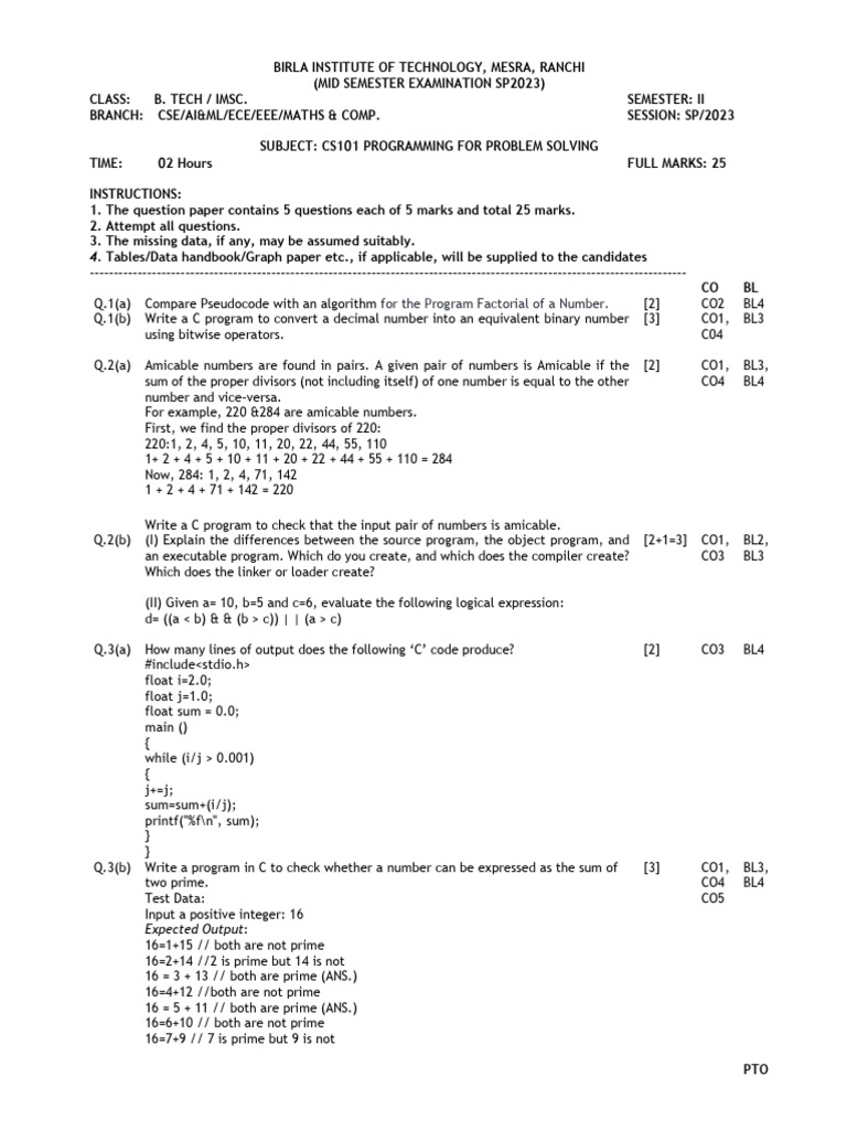 CS101 Programming For Problem Solving (Mid - SP23) | PDF | Computing | Mathematics