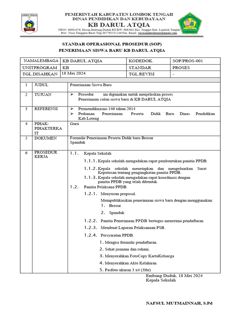 Standar Operasional Prosedur PPDB KB | PDF