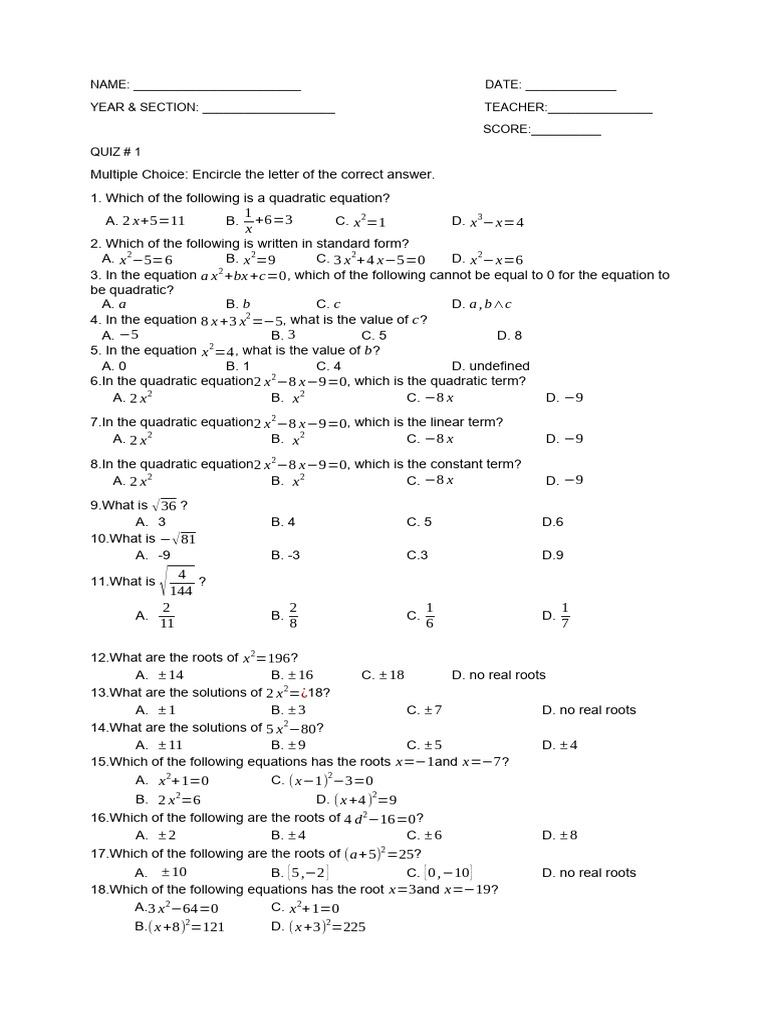 First Long Quiz in Quadratic Equation | PDF | Mathematical Concepts ...