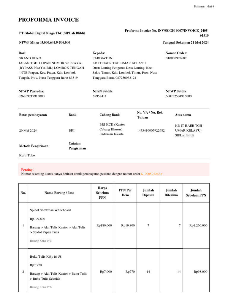 Proforma Invoice Pembelian Alat Tulis | PDF
