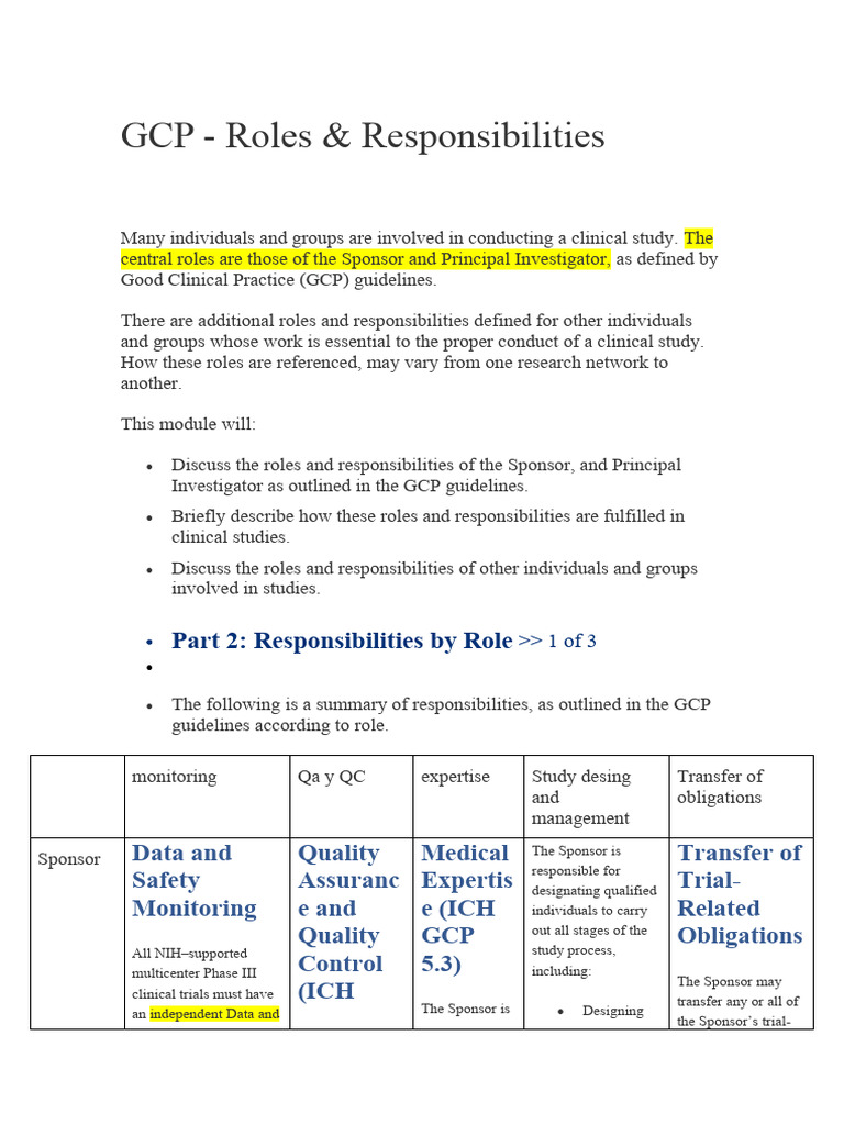 GCP - Roles & Responsibilities | Download Free PDF | Clinical Trial ...