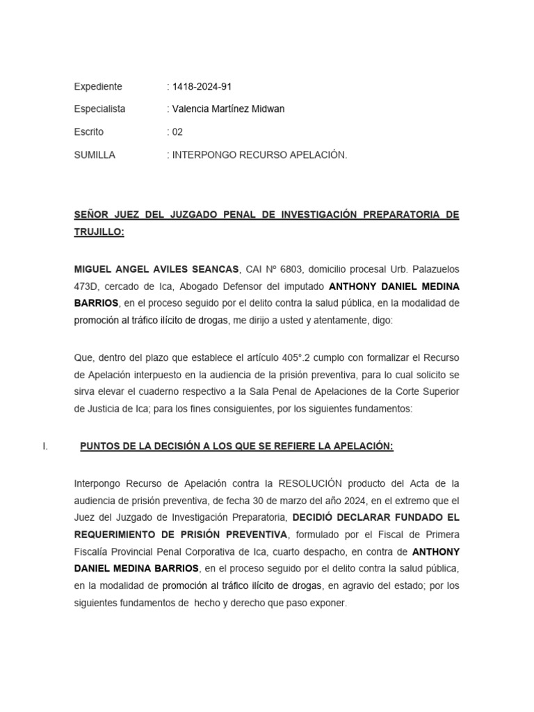 Modelo de Apelacion de Auto de Prision Preventiva | PDF | Castigos ...
