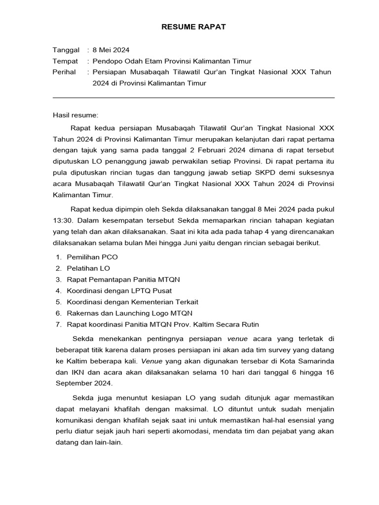 Resume Rapat Persiapan Musabaqah Tilawatil Qur'an Nasional 2024 | PDF