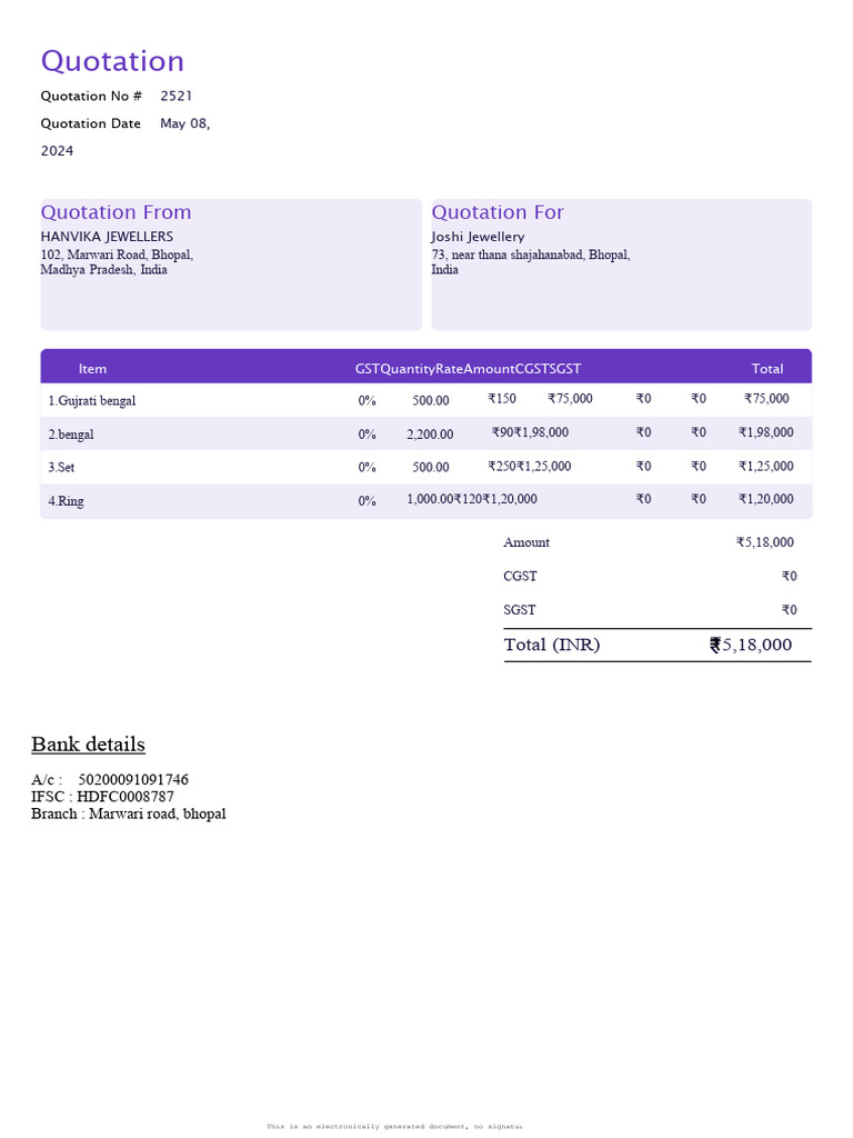 Jewelry Quotation from Hanvika Jewellers | PDF