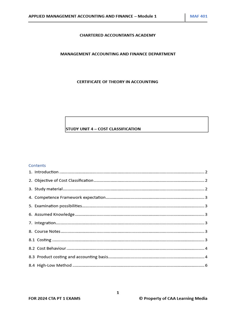 2024 L1 Cost Classification | PDF | Cost | Opportunity Cost